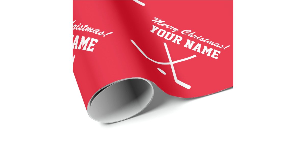 Merry Christmas red hockey player sports Wrapping Paper | Zazzle