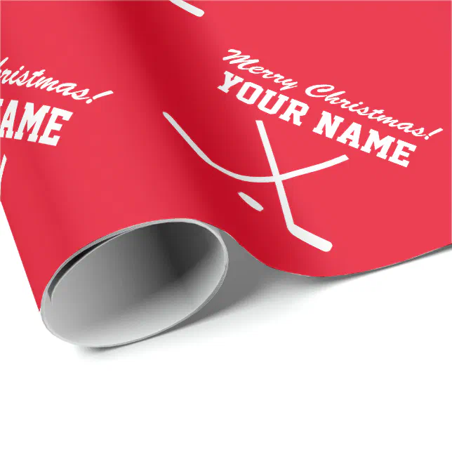 Merry Christmas red hockey player sports Wrapping Paper | Zazzle