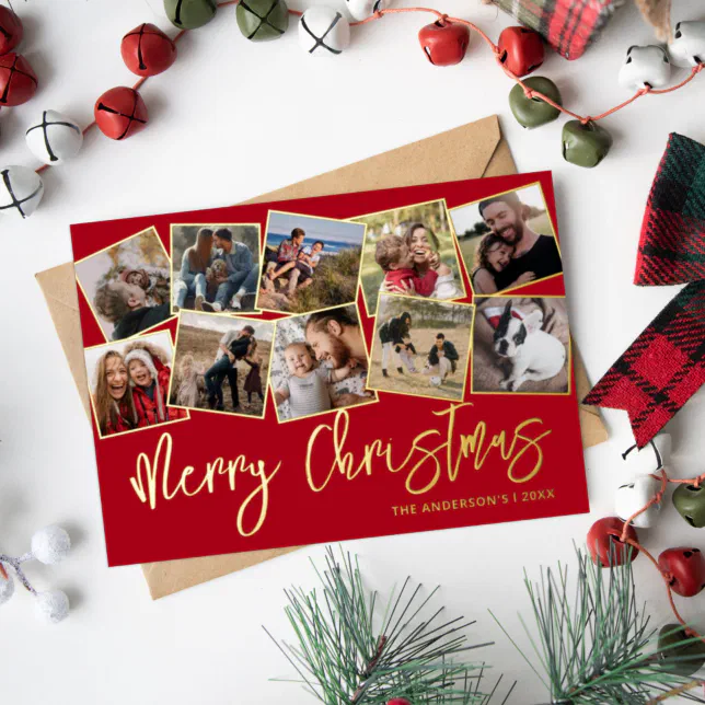 Merry Christmas Red Photo Collage Foil Holiday Card | Zazzle