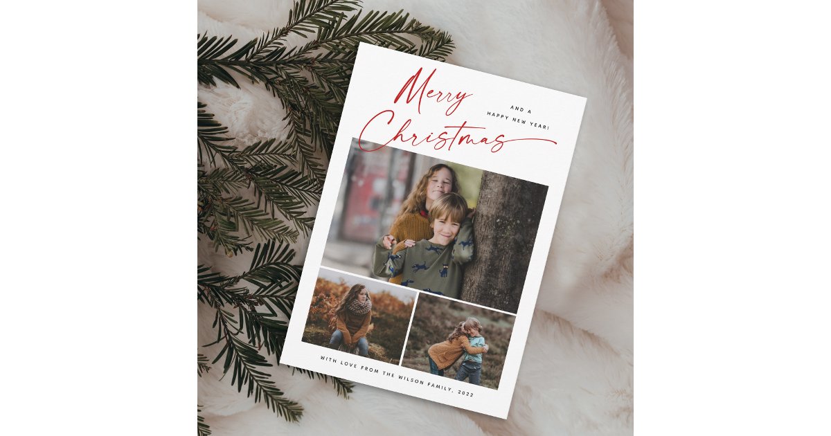 Merry Christmas Red Script 3 Photo Collage Holiday Card | Zazzle
