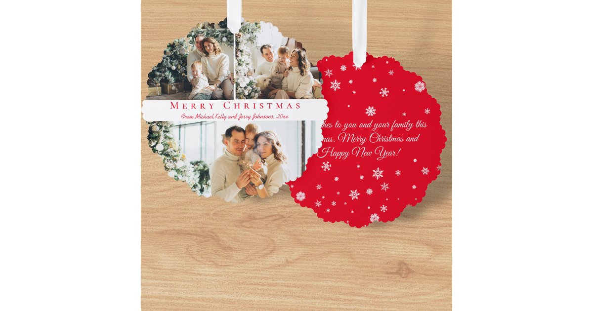 merry christmas red script 3 photos collage chic ornament card | Zazzle