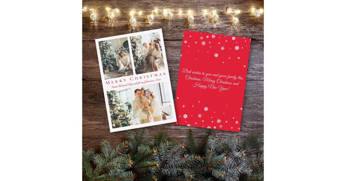 merry christmas red script photos collage holiday note card | Zazzle