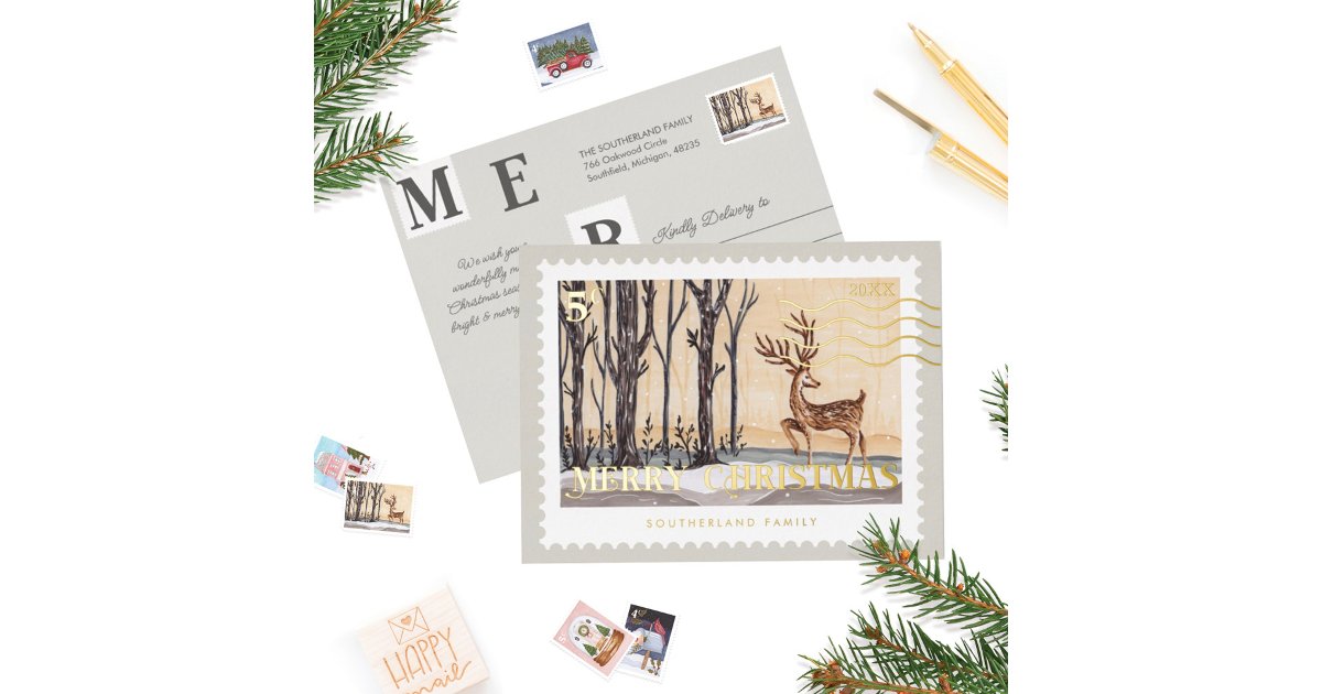 Merry Christmas Reindeer Forest Postage Stamp Foil Holiday Postcard ...