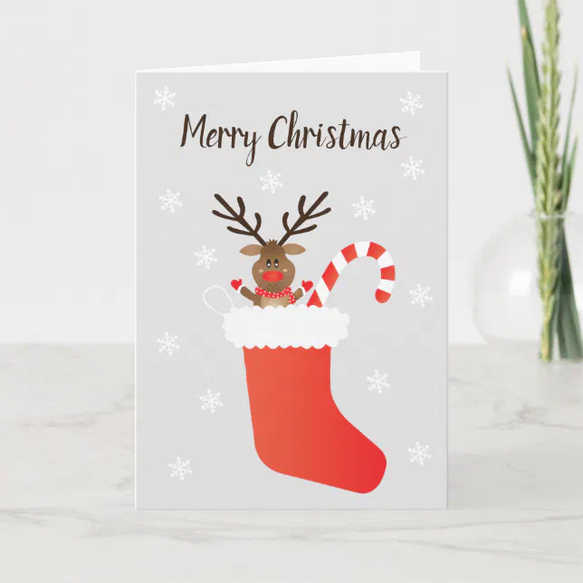 Merry Christmas Reindeer Stocking Candy Cane Card | Zazzle