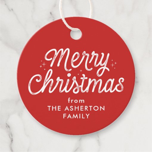 Merry Christmas retro script red holiday Favor Tags | Zazzle