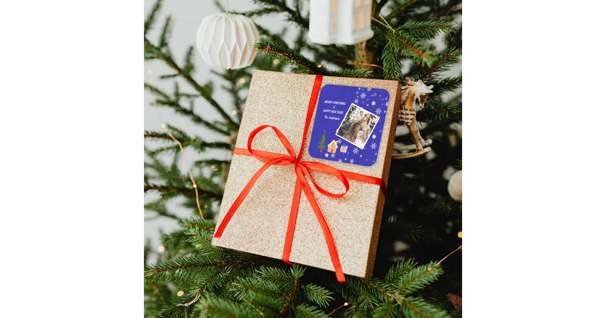 Merry Christmas Royal Blue Family Photo Square Sticker | Zazzle