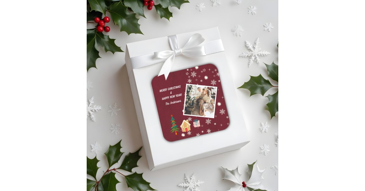 Merry Christmas Ruby Wine Family Photo Square Sticker | Zazzle
