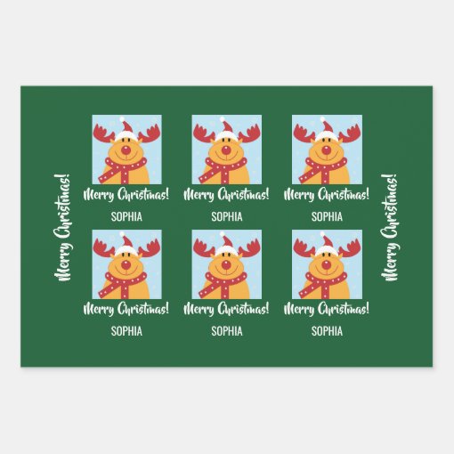 Merry Christmas Rudolph Reindeer Personalize Name Wrapping Paper Sheets ...