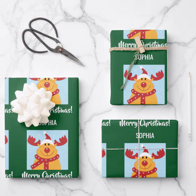 Merry Christmas Rudolph Reindeer Personalize Name Wrapping Paper Sheets ...