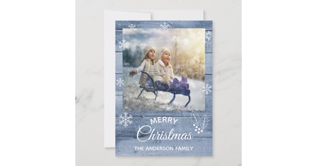 Merry Christmas rustic blue wood photo card | Zazzle