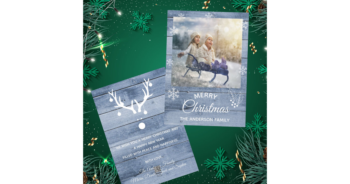 Merry Christmas rustic blue wood photo card | Zazzle