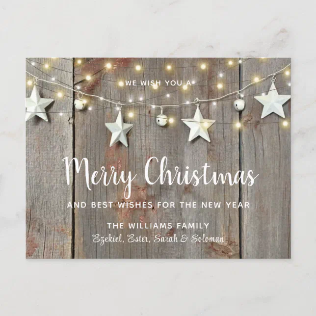 Merry Christmas Rustic Stars and Lights on Wood Postcard | Zazzle