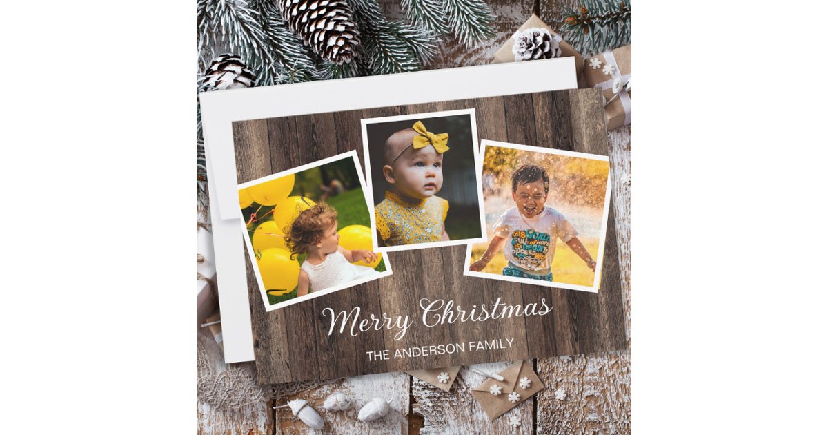 Merry Christmas Rustic Wood 3 Photo Card | Zazzle