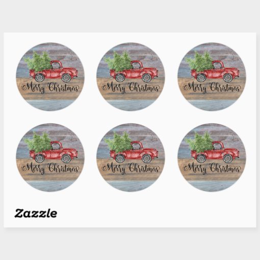 Merry Christmas Rustic Wood And Cute Red Truck Classic Round Sticker ...