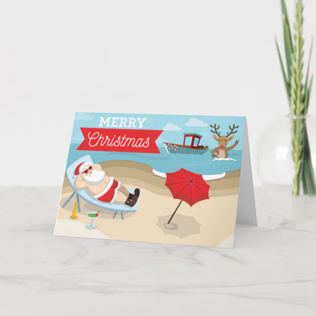 Merry Christmas - Santa at the Beach Card | Zazzle