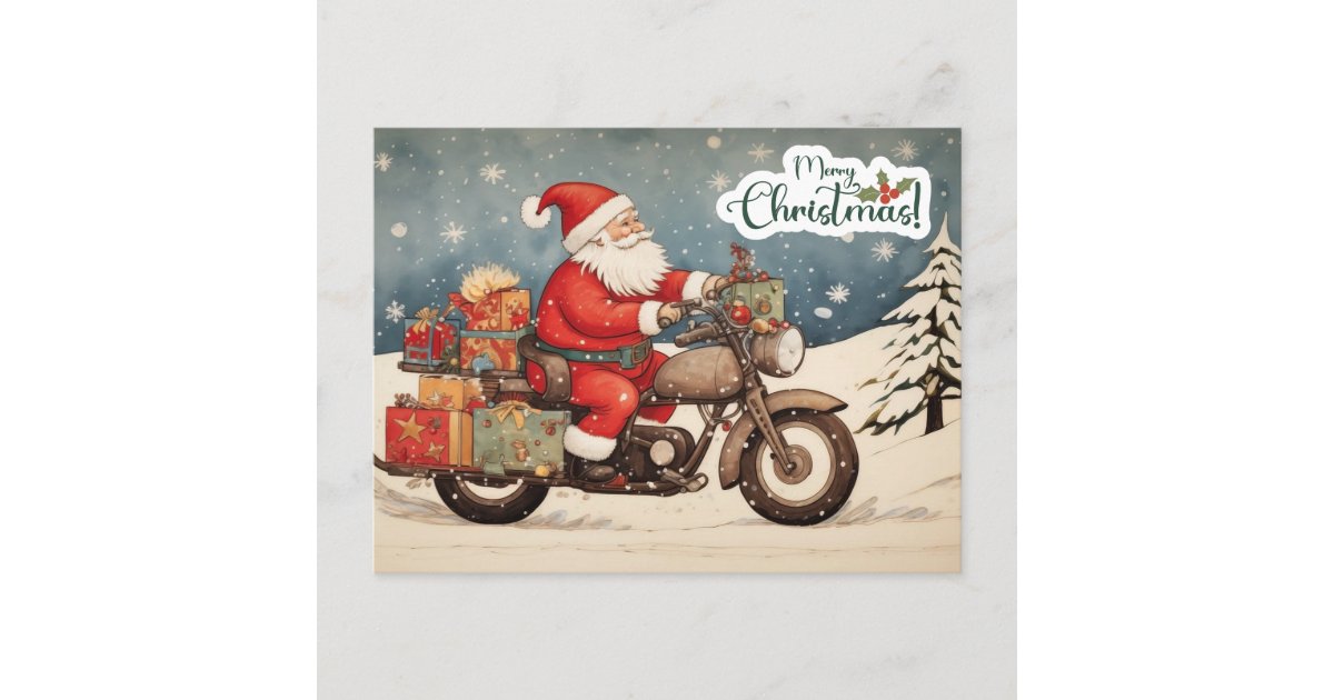 Merry Christmas Santa Claus on Motorcycle Holiday Postcard | Zazzle