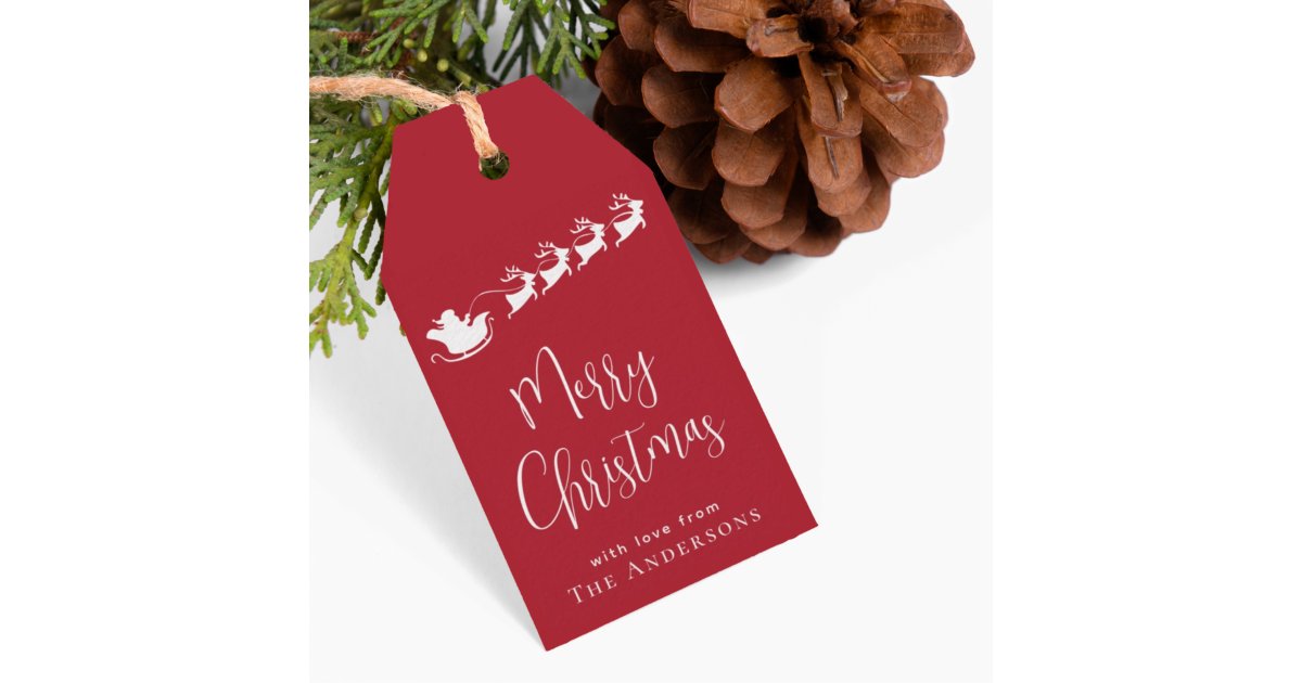 Merry Christmas Santa Reindeer Red Gift Tags | Zazzle