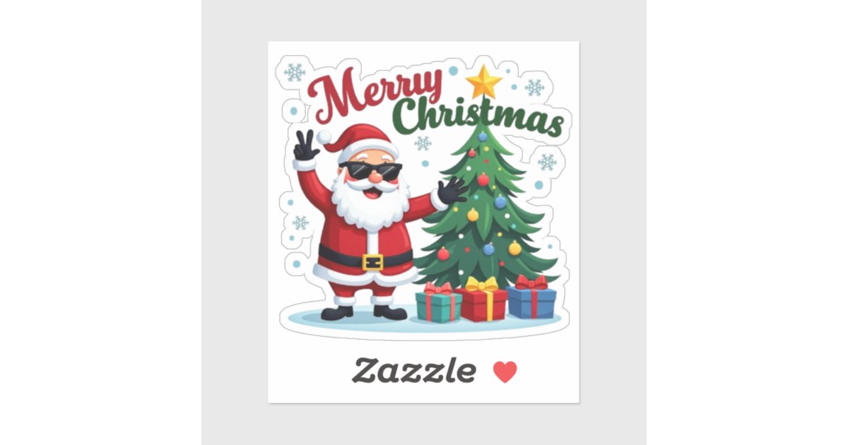 Merry Christmas | Santa & Tree Design Sticker | Zazzle