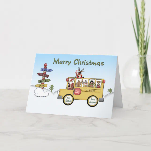 Merry Christmas School Bus Holiday Card | Zazzle