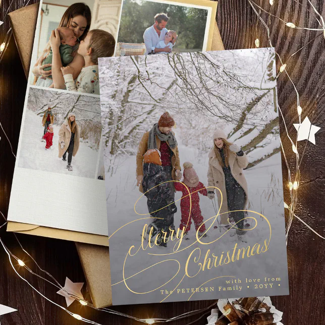 Merry Christmas script multi photo family greeting Holiday Card | Zazzle