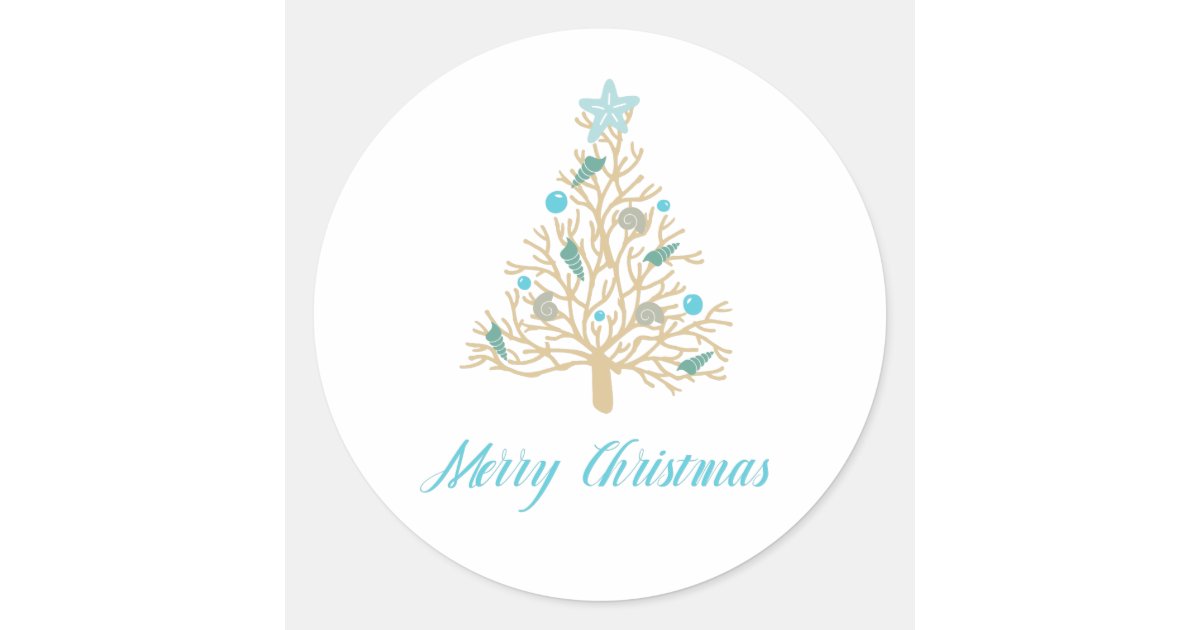 Merry Christmas Seashell Christmas Tree Classic Round Sticker | Zazzle