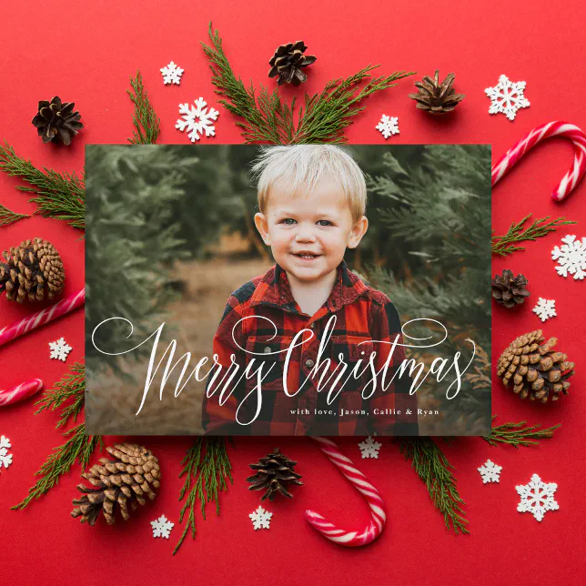 Merry Christmas simple one photo family Holiday Card | Zazzle