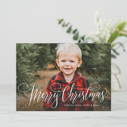 Merry Christmas simple one photo family Holiday Card | Zazzle