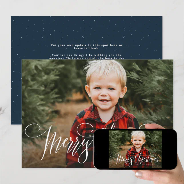 Merry Christmas simple one photo navy blue Holiday Card | Zazzle