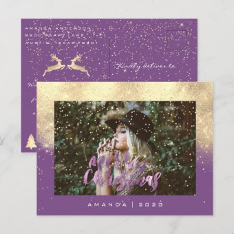 Merry Christmas Snow Purple Gold Photo Glitter Postcard | Zazzle