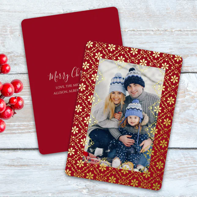Merry Christmas Snowflake Elegant Red 1 Photo Foil Holiday Card | Zazzle