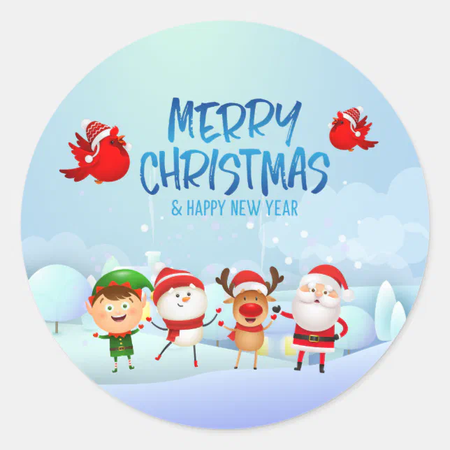 Merry Christmas Snowman Santa Claus Rudolph Elf Classic Round Sticker ...