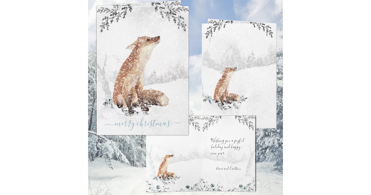 Merry Christmas Snowy Winter Woodland Red Fox Holiday Card | Zazzle
