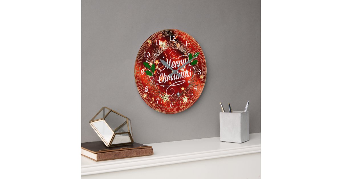 Merry Christmas, sparkle and glitter look, Large Clock | Zazzle