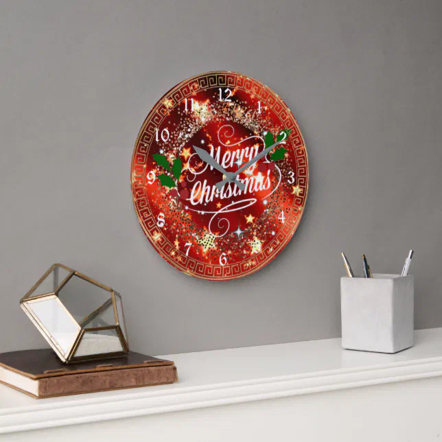 Merry Christmas, sparkle and glitter look, Large Clock | Zazzle