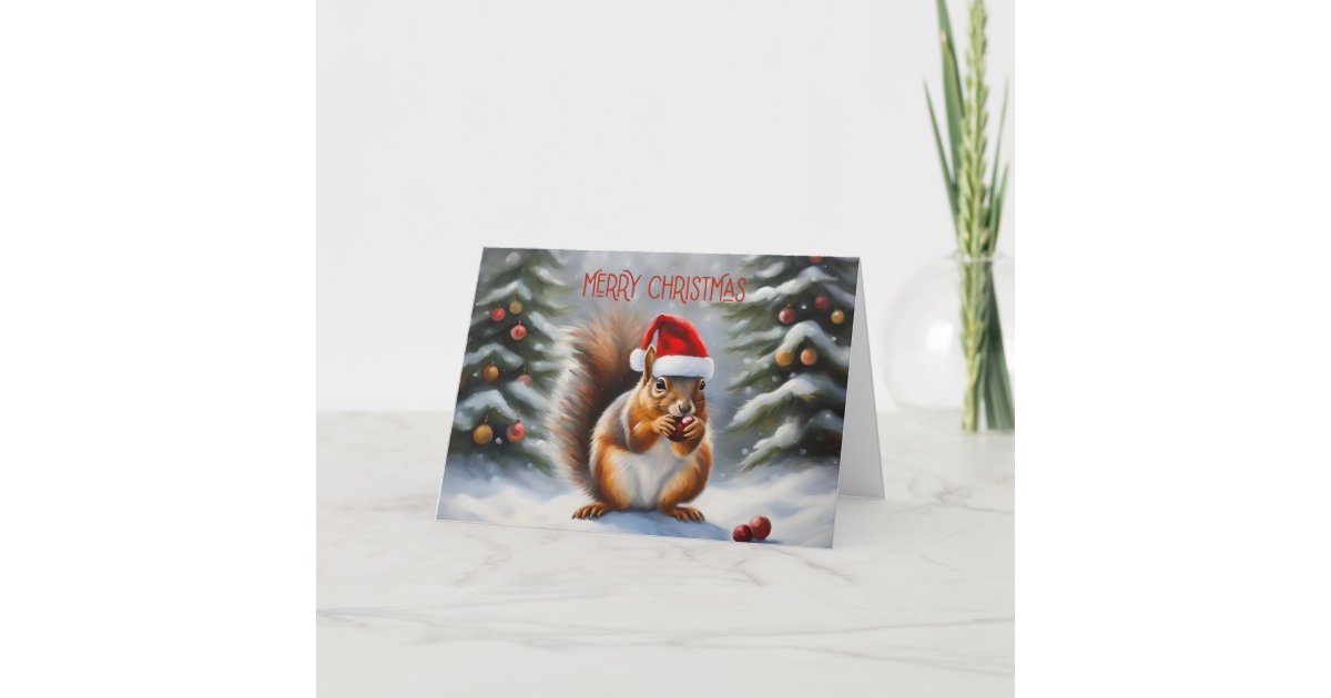 Merry Christmas Squirrel and Winter Forest Holiday Card | Zazzle