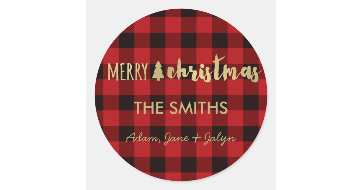 Merry Christmas Sticker Buffalo Check and Gold | Zazzle