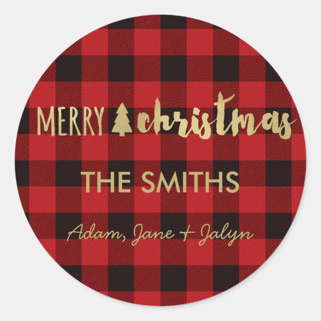 Merry Christmas Sticker Buffalo Check and Gold | Zazzle