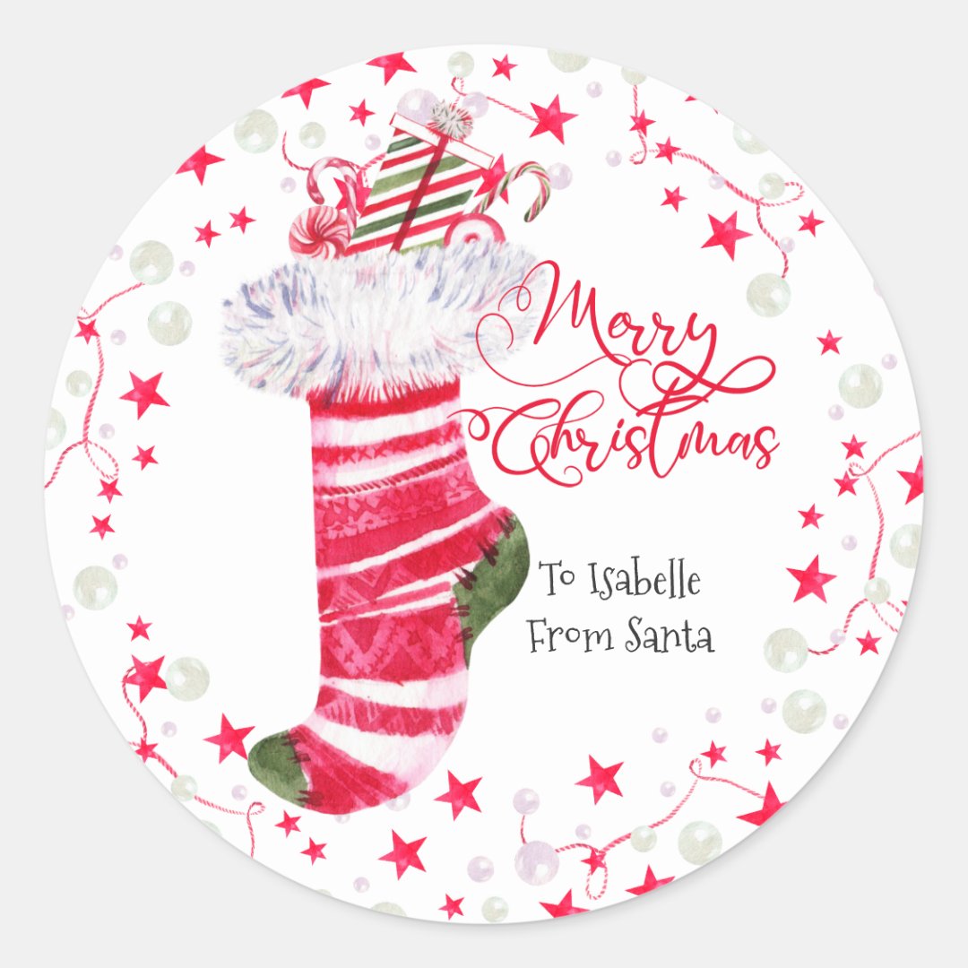 Merry Christmas Stocking Personalized Classic Round Sticker | Zazzle