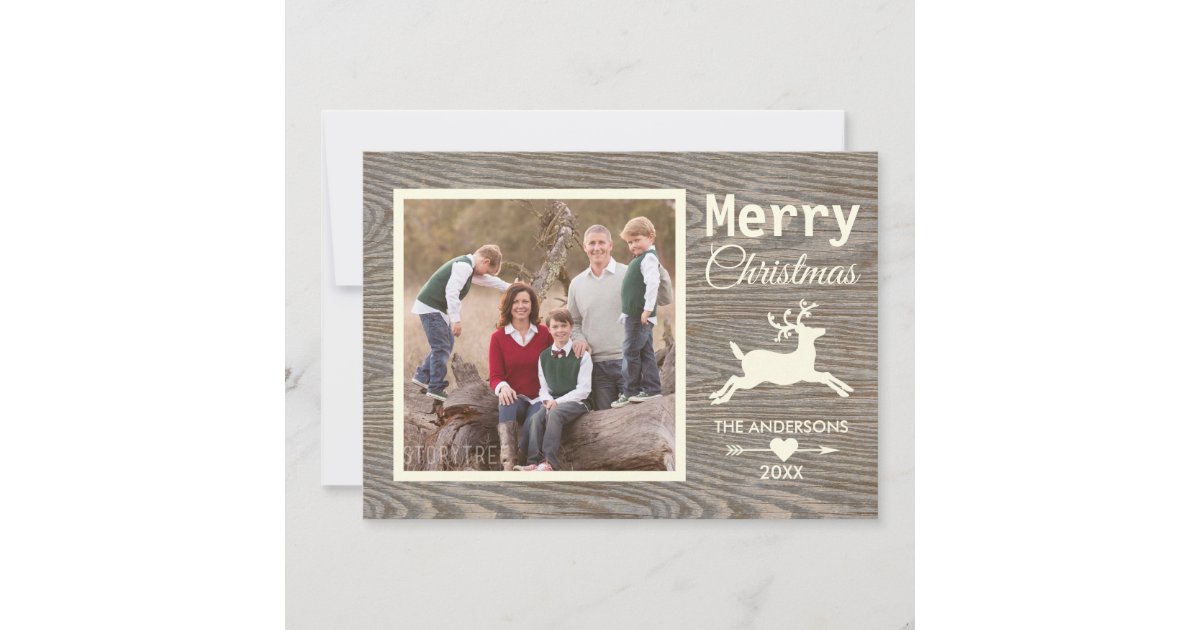 Merry Christmas Tan Rustic Wood Family Photo Holiday Card | Zazzle
