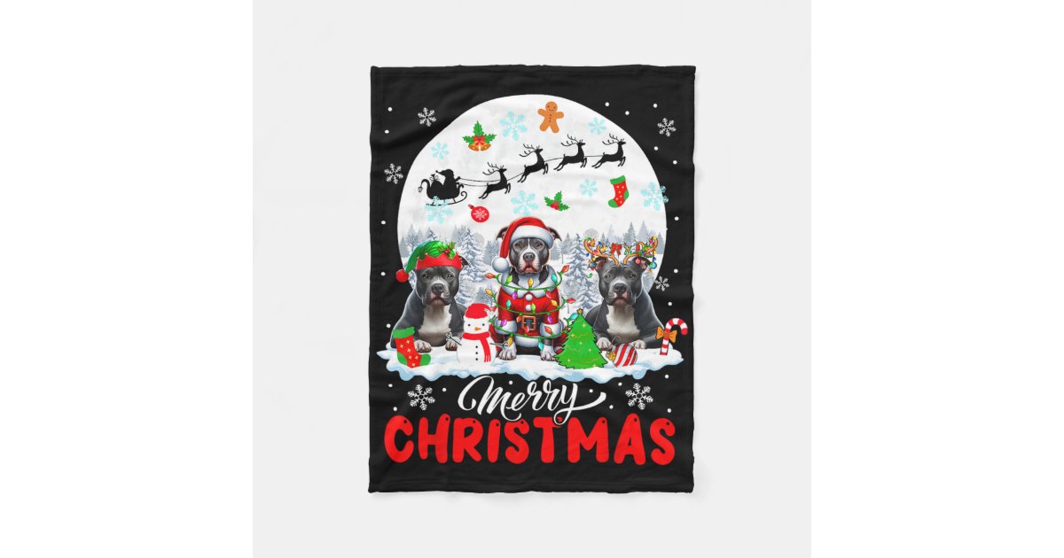 Merry Christmas Three Santa Elf Reindeer Pit Bulls Fleece Blanket | Zazzle