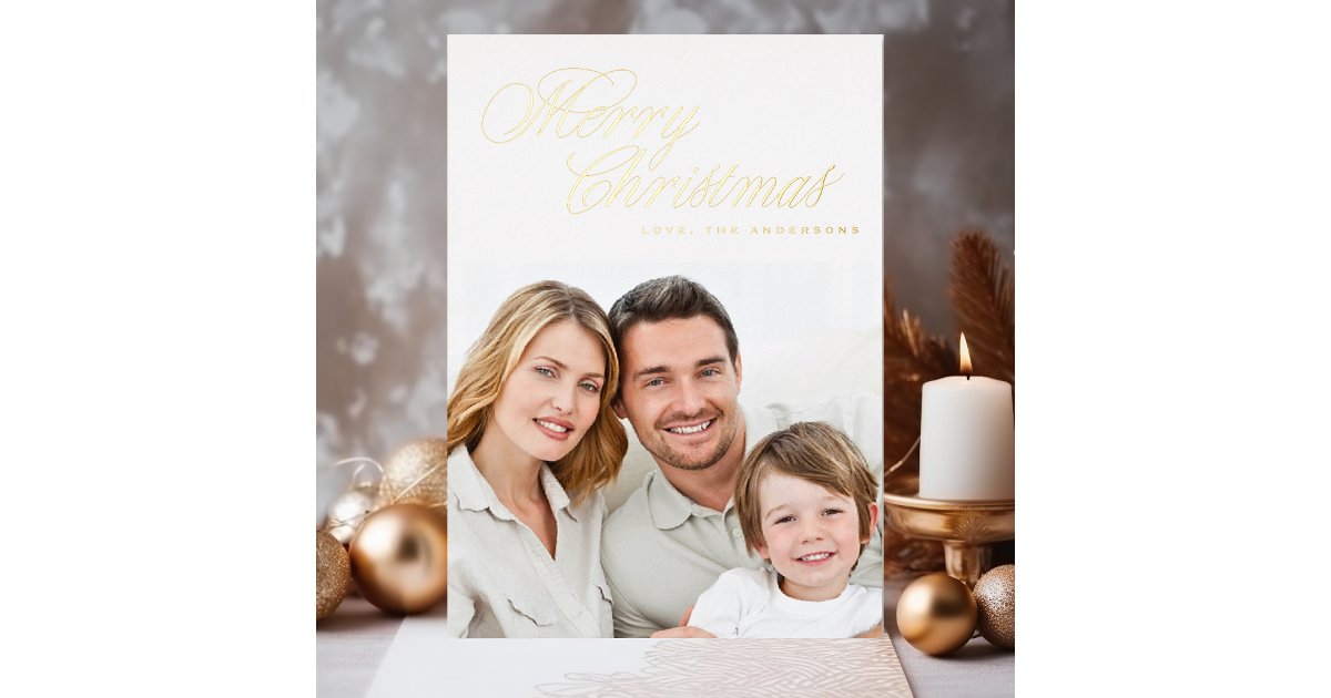 Merry Christmas Traditional REAL Gold Photo Foil Holiday Card | Zazzle