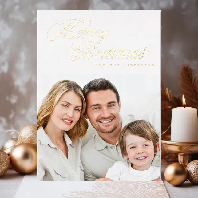Merry Christmas Traditional REAL Gold Photo Foil Holiday Card | Zazzle