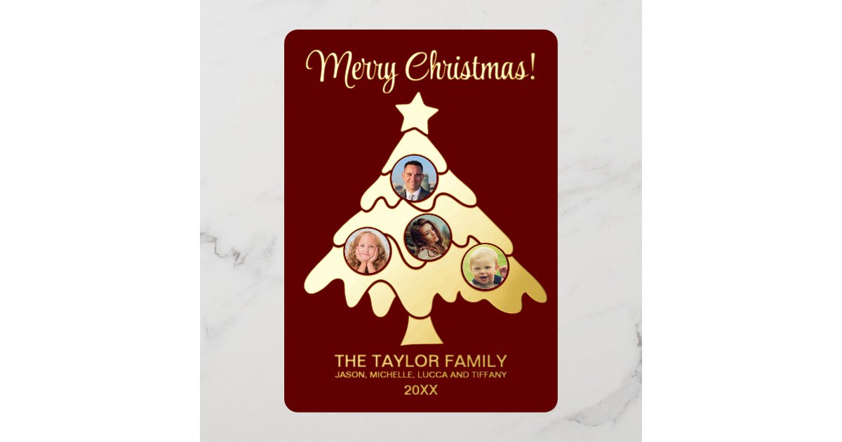 Merry Christmas Tree Insert Photo Family Frame Foil Holiday Card | Zazzle