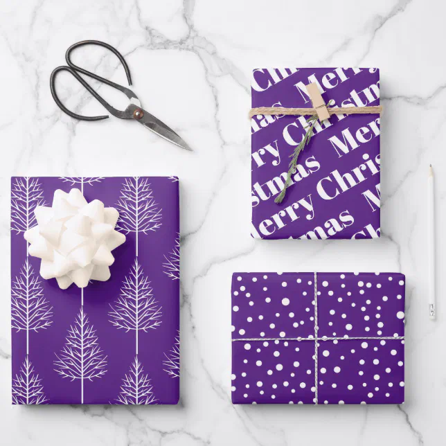 Merry Christmas, trees, polka dots purple holiday Wrapping Paper Sheets ...