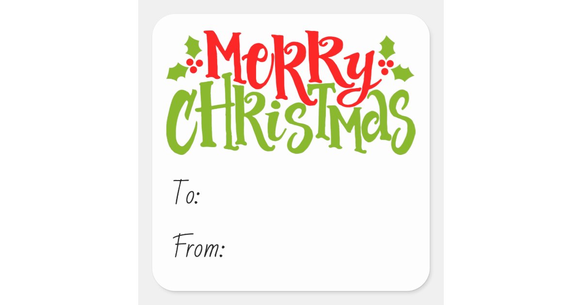 Merry Christmas Typography Red Green Holly Square Sticker | Zazzle