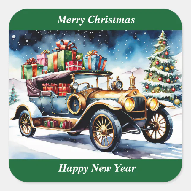 Merry Christmas Vintage Car Ornament Square Sticker | Zazzle
