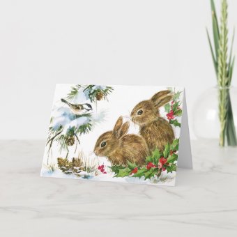 Merry Christmas Vintage Rabbits Holiday Card | Zazzle