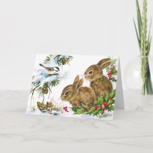 Merry Christmas Vintage Rabbits Holiday Card | Zazzle