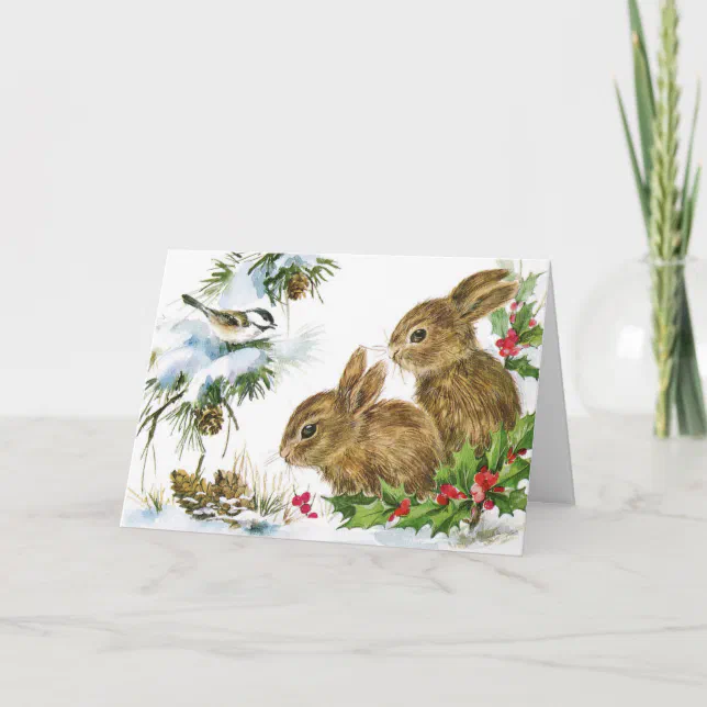 Merry Christmas Vintage Rabbits Holiday Card | Zazzle