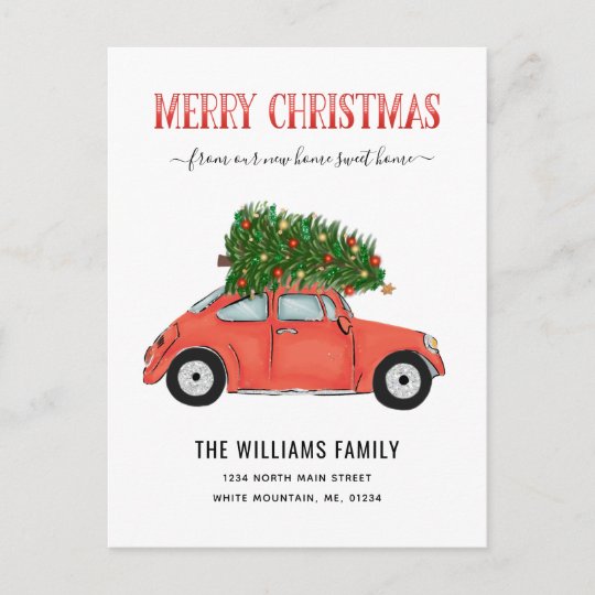 Merry Christmas Vintage Red Car Tree Moving Announcement Postcard ...